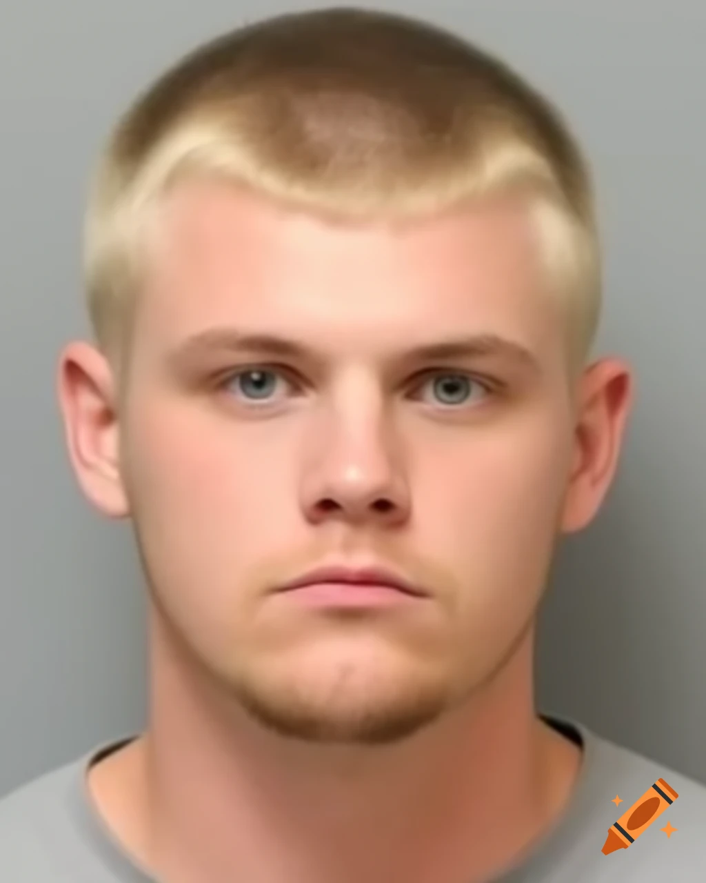 Security guard with short blond hair and gray eyes wearing a gray t ...