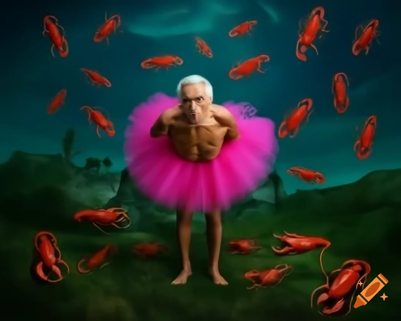 Elderly man in pink tutu standing in dystopian landscape with lobsters ...