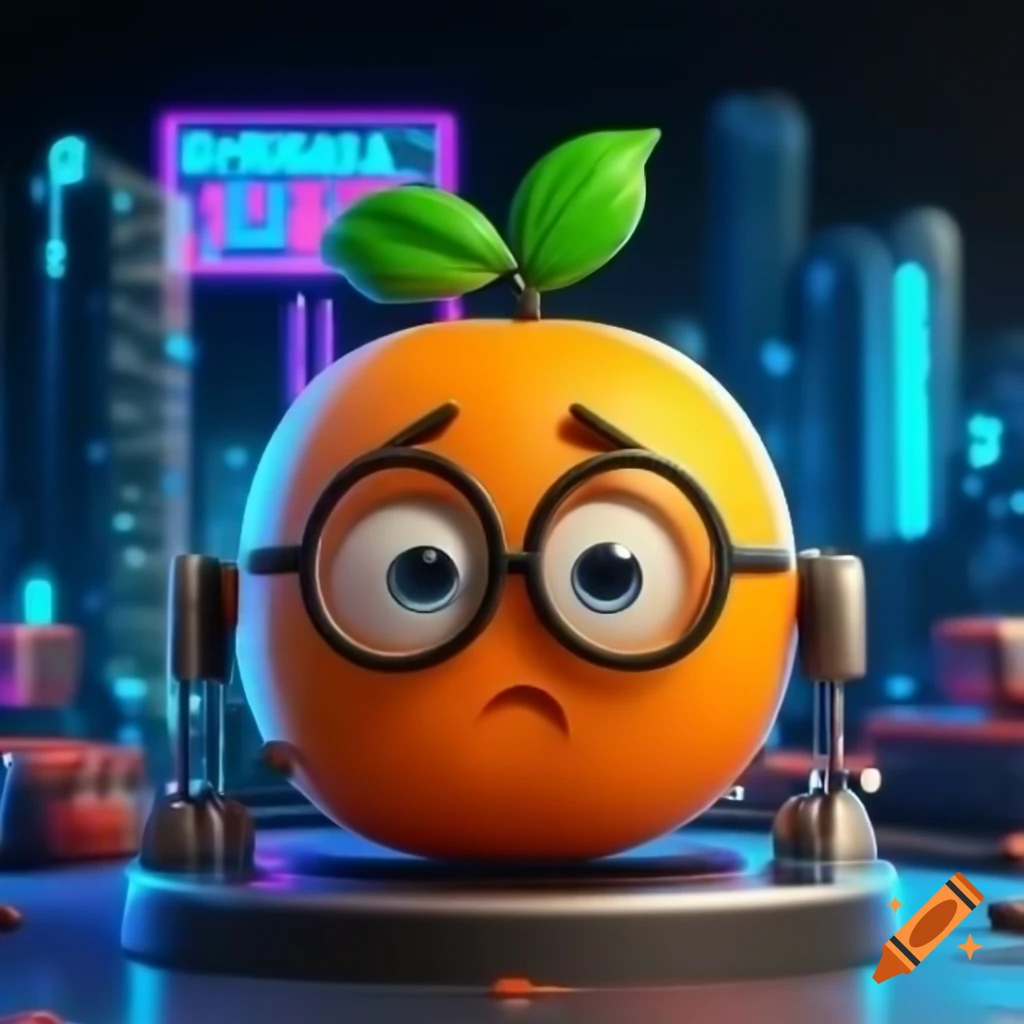 Animated orange fruit with glasses on advanced platform in futuristic city on Craiyon
