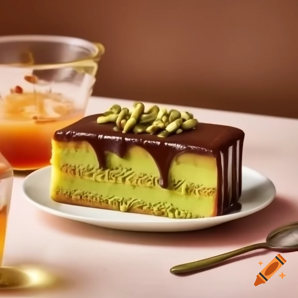 Spin off of opera cake with almond sponge, pistachio syrup, ganache ...