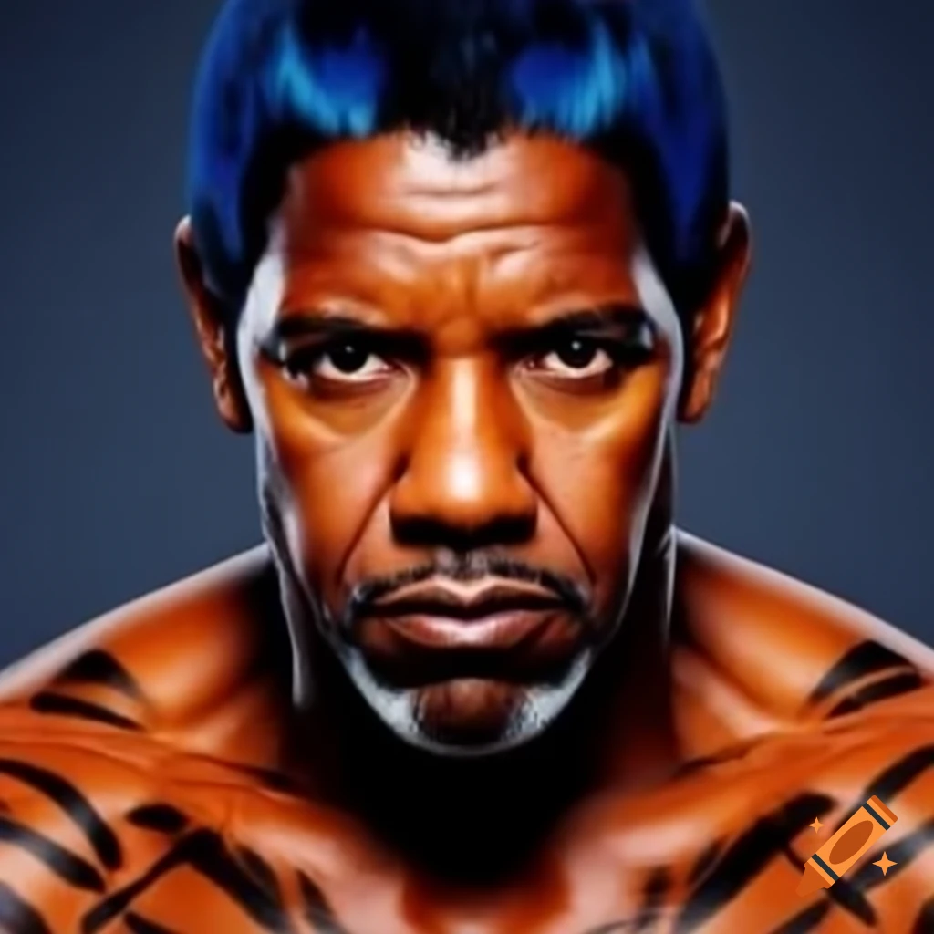 Muscular man with tiger-style makeup featuring blue hair, orange skin ...