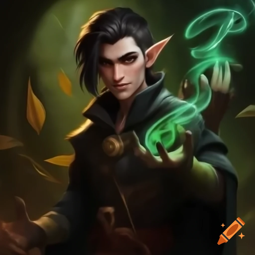 Male wood elf rogue in black and gold battle-worn robes with arcane ...