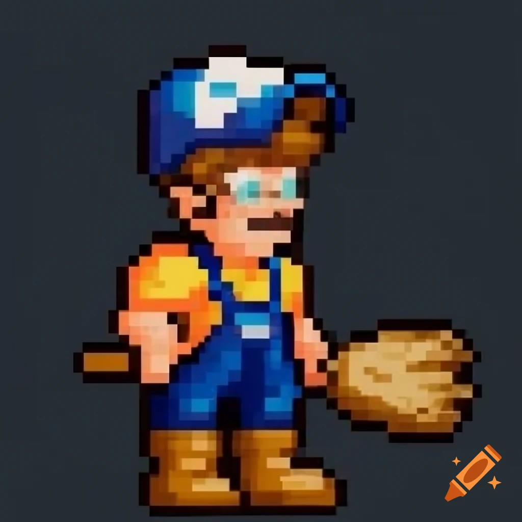 Pixel art janitor character with broom in cartoon style for 2D game on ...