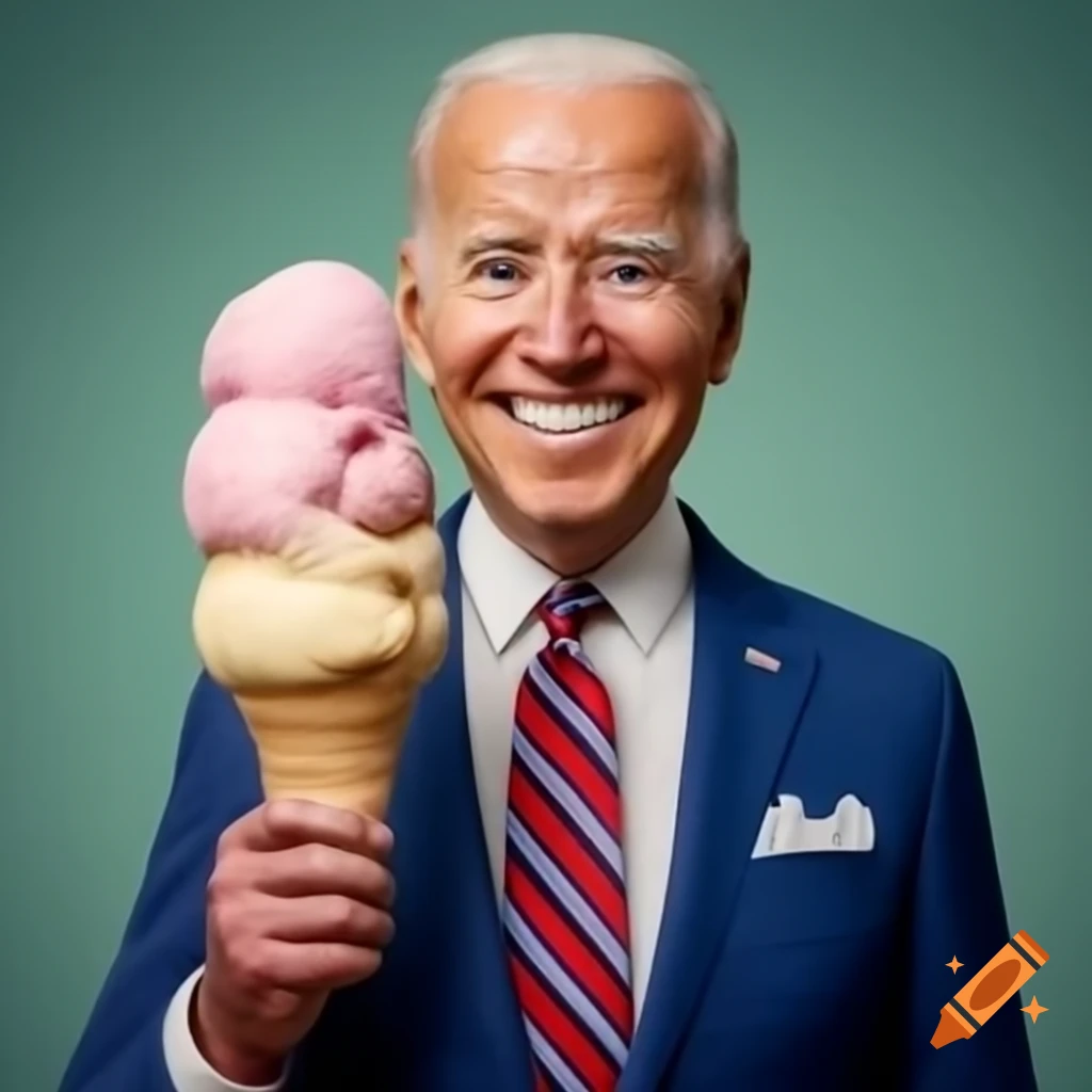 Joe Biden smiling with giant ice cream in hand, photorealistic on Craiyon