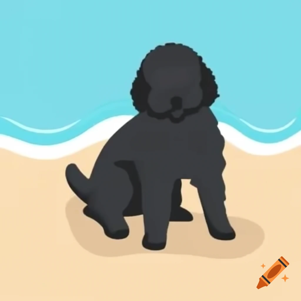 Cartoon of black labradoodle dog on the beach in puzzle style on Craiyon