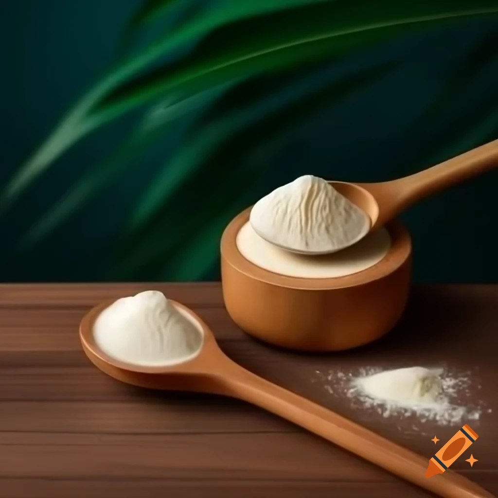 Aesthetic wooden spoon filled with yeast beside a small sack on a ...