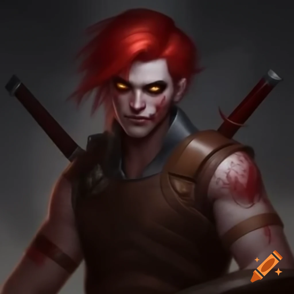 Lean male with red hair and yellow eyes in leather armor holding swords ...