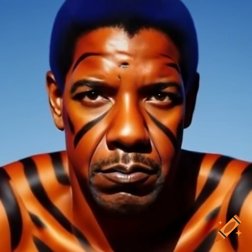 Muscular man with tiger makeup featuring blue hair and orange skin on ...