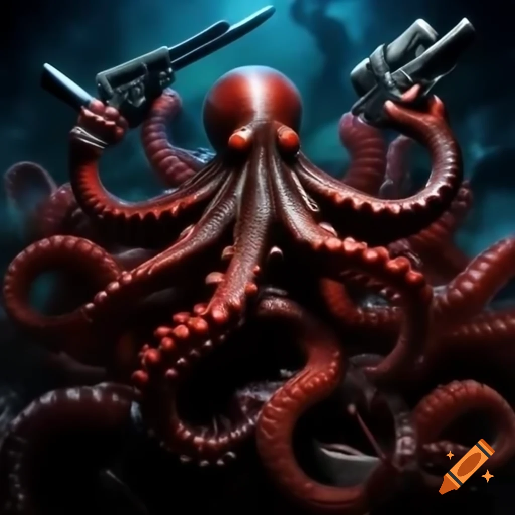 Black and red octopus wielding guns and machete with tentacles on Craiyon
