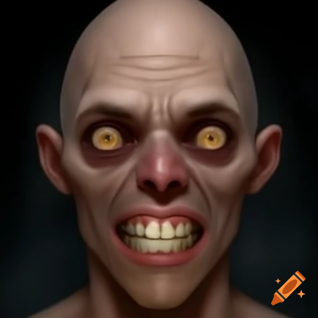 Unsettling bald man with big eyes and missing teeth, pale skin on Craiyon