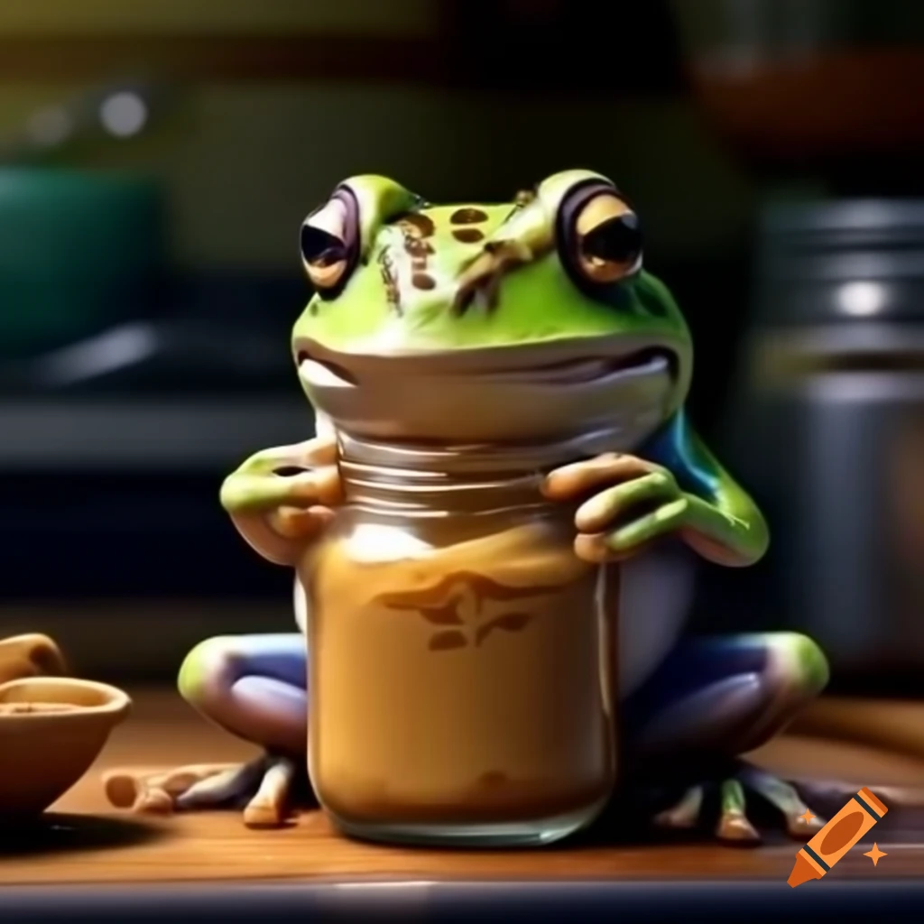 Realistic frog eating peanut butter from a jar in a kitchen on Craiyon
