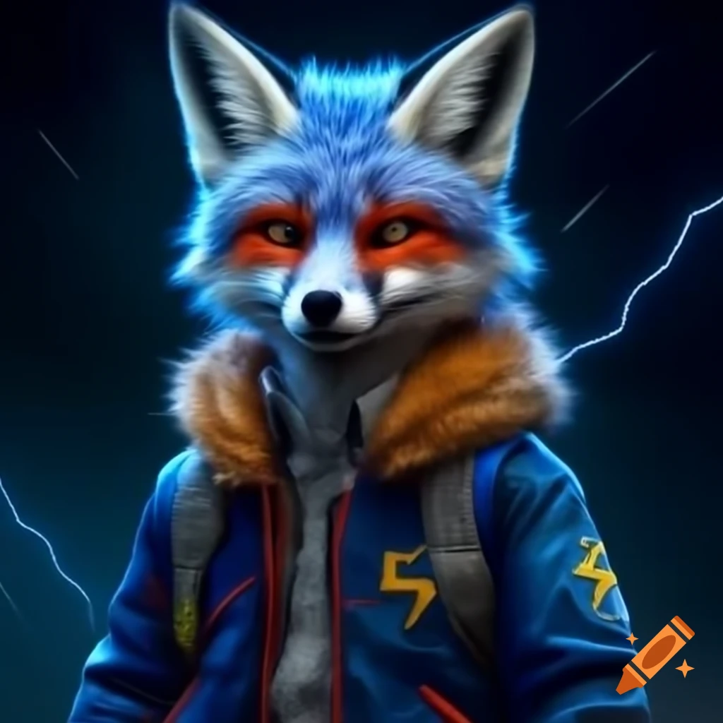 Stylized yellow and silver fox in bomber jacket with lightning bolt ...