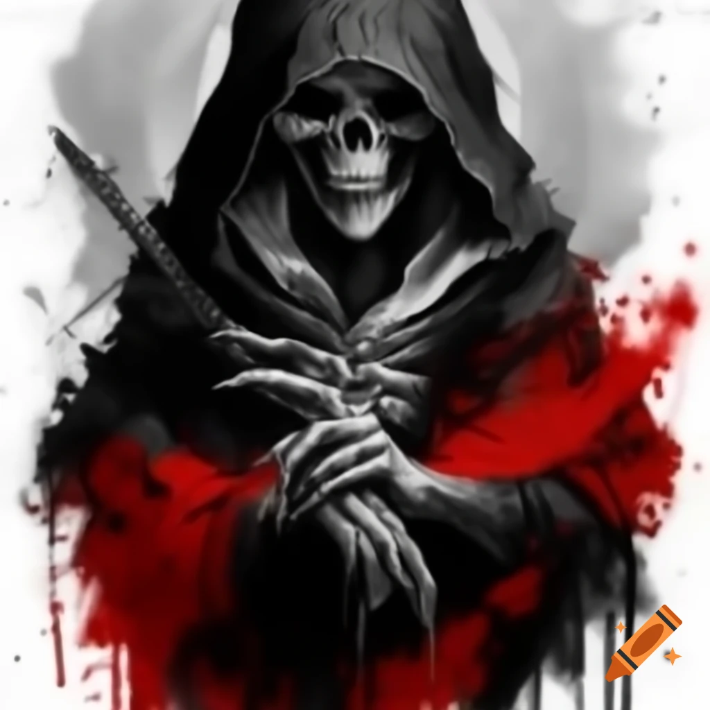 Fantasy portrait of reaper illustration in black and red pen and ink ...
