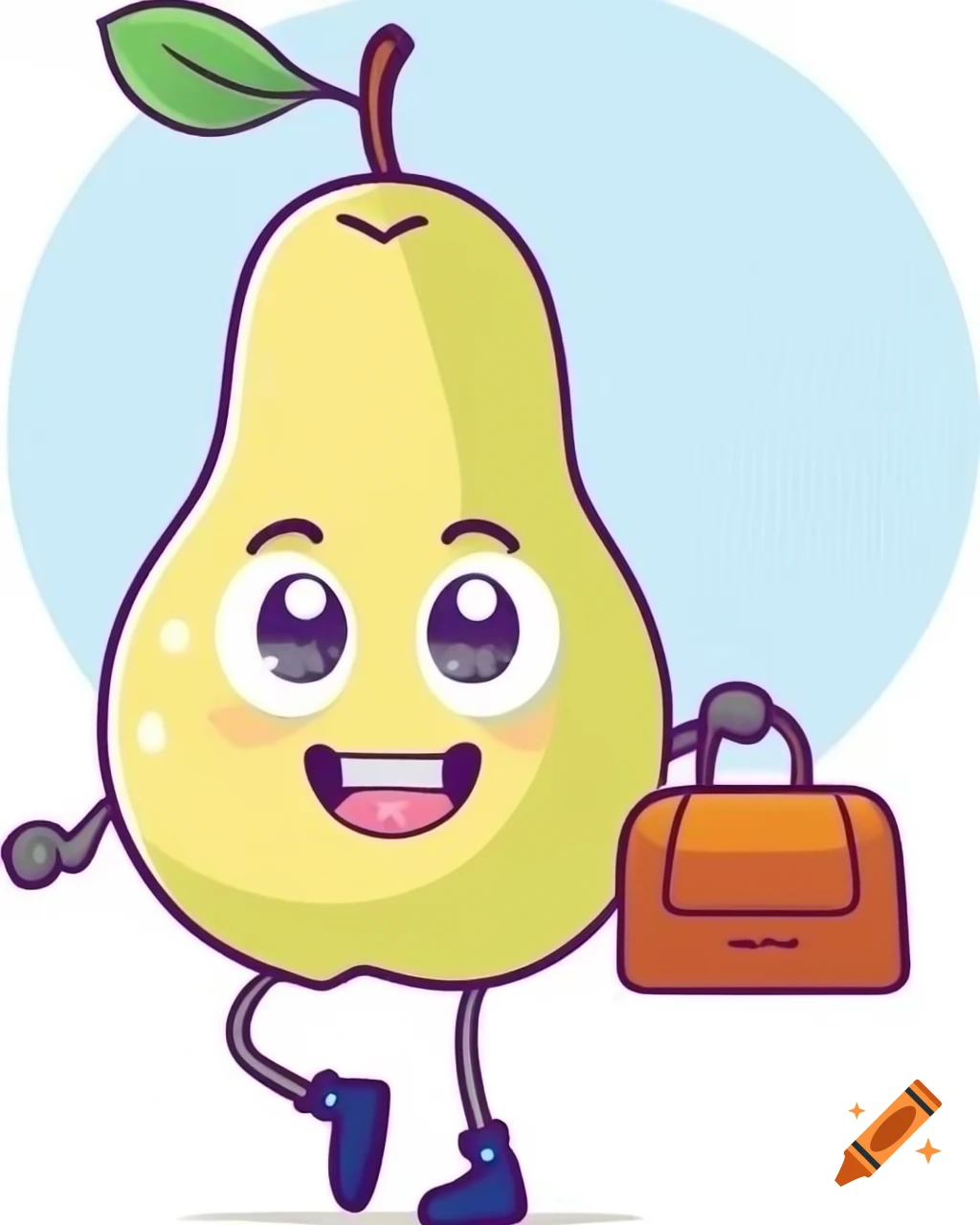 Brightly colored pear-shaped character walking with a bag, magical ...