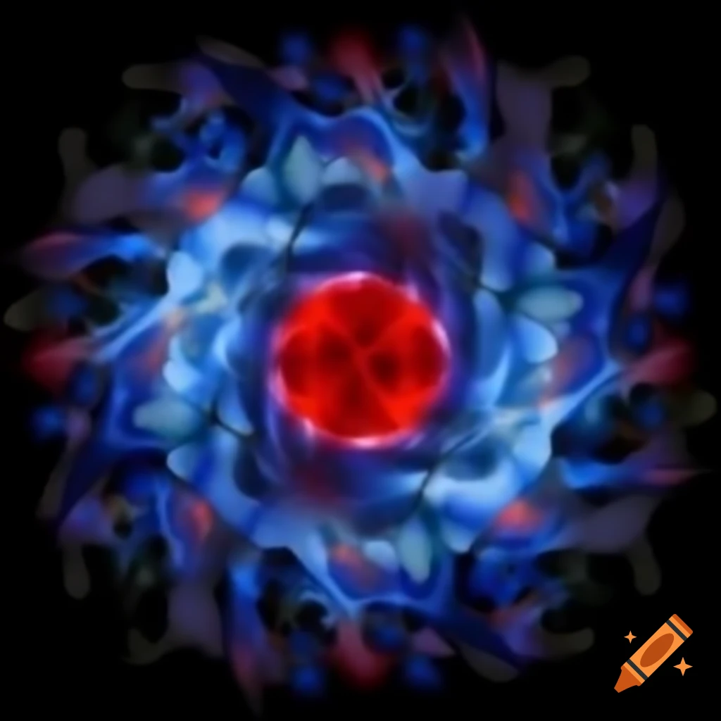 Dynamic atomic nucleus with red protons and blue neutrons in motion on ...