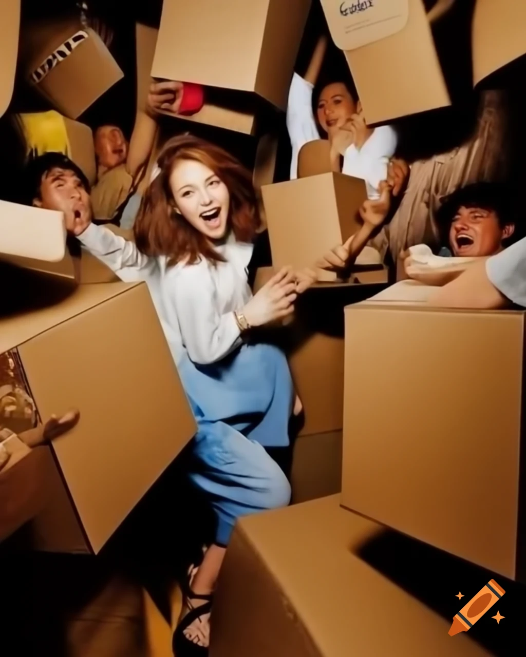 Vibrant moving party scene with colorful party signs and moving boxes ...