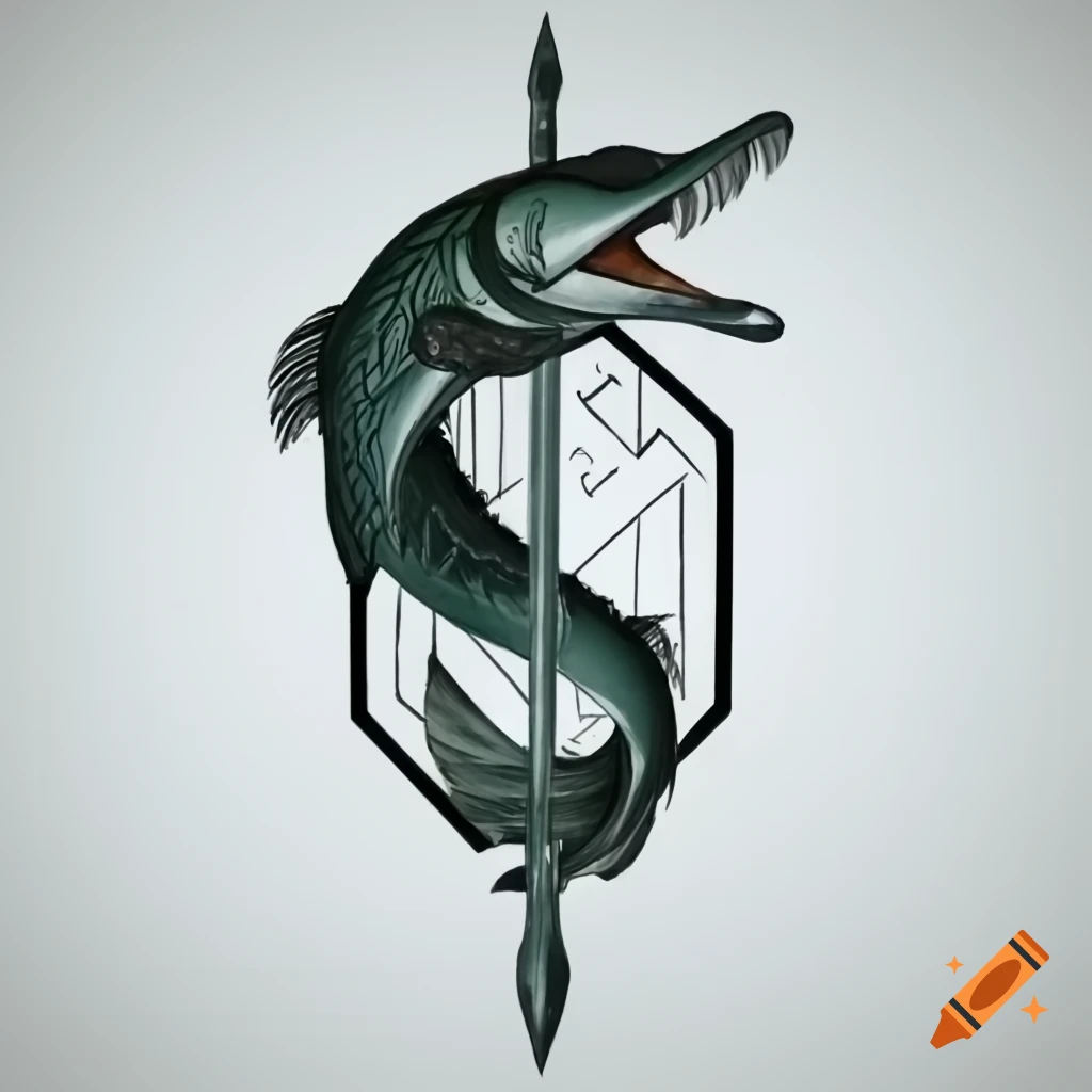 Rune-style emblem featuring pike fish impaled on spear on Craiyon