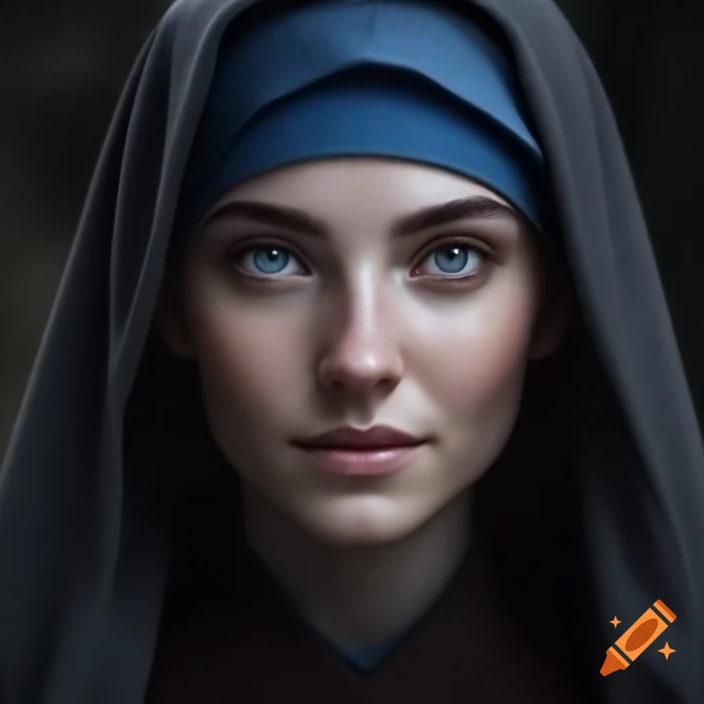 Woman monk with blue headscarf and gray cloak, medieval renaissance ...