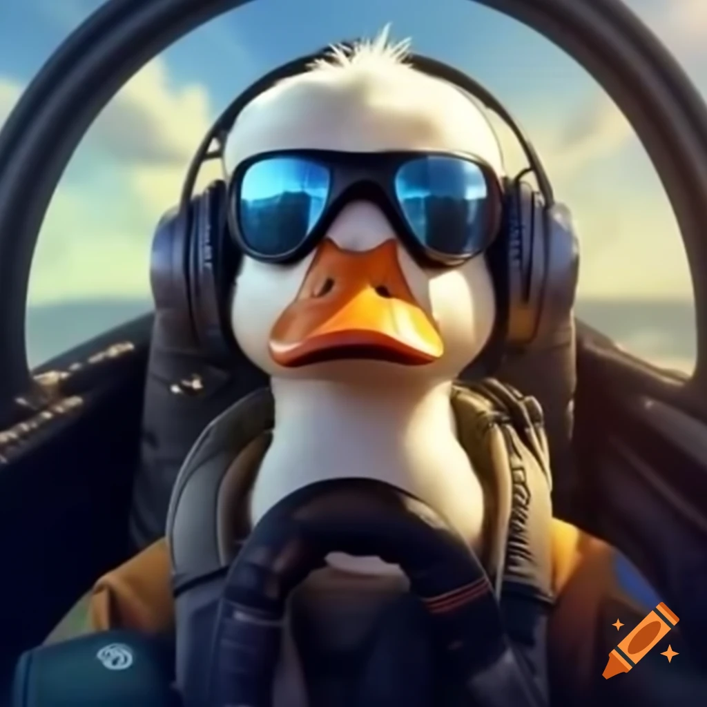 Duck in sunglasses sitting in fighter jet cockpit on Craiyon