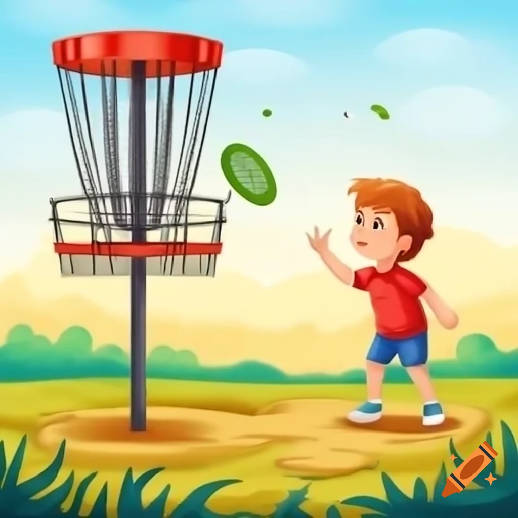 Child throwing disc at disc golf basket with chains bending on Craiyon