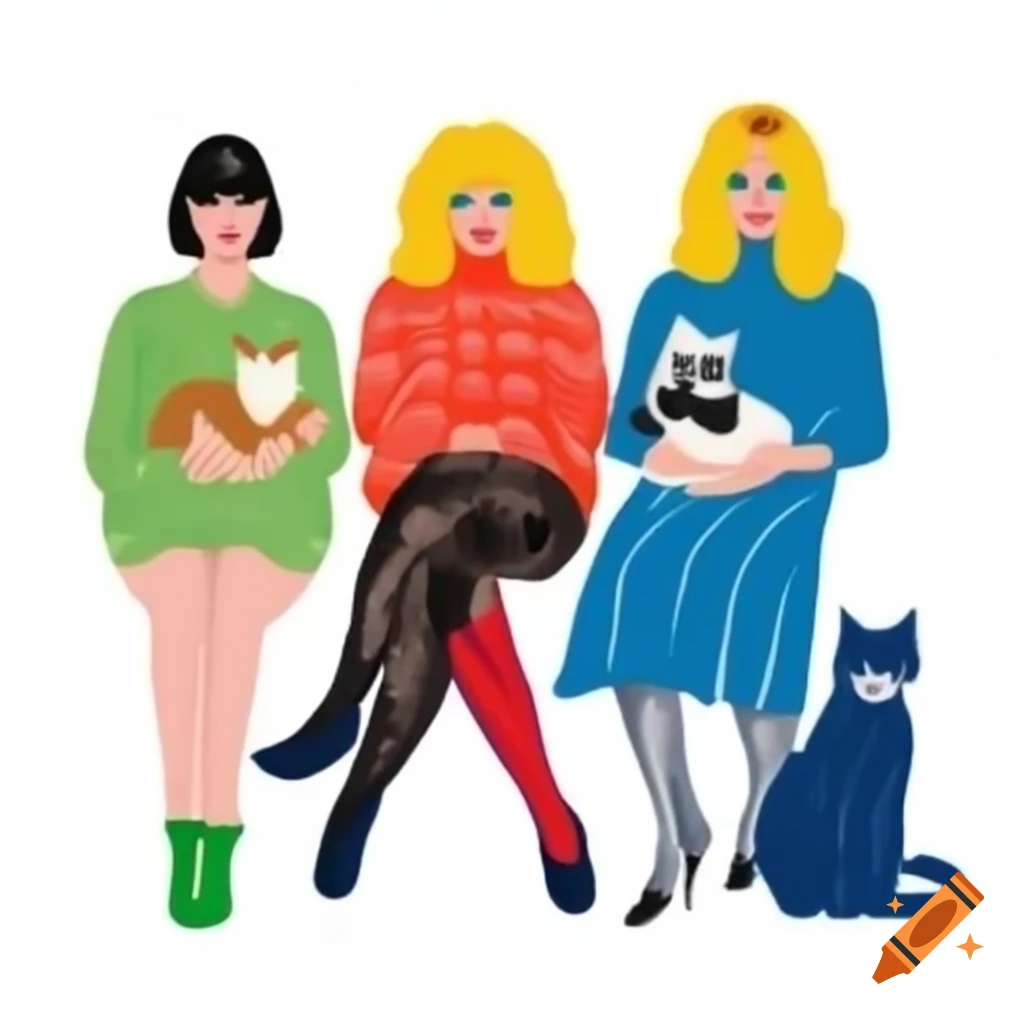 1980s glamour photoshoot featuring three women in sweaters with cats on Craiyon