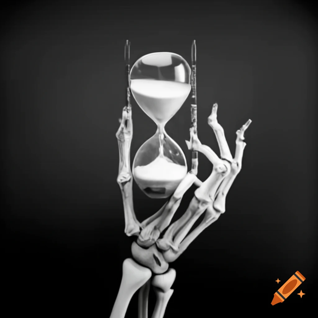 Skeleton hand gripping an hourglass, symbolizing time on Craiyon