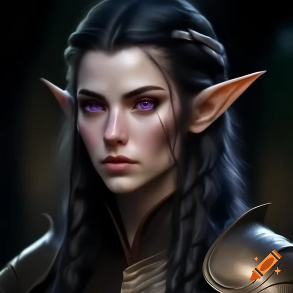 Realistic pale elven woman with long black braid, dark purple eyes, and ...