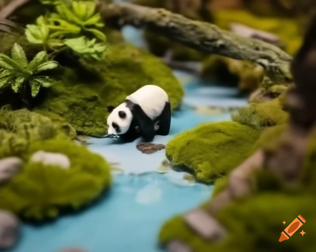 Miniature cardboard diorama featuring a panda in a mossy river on Craiyon
