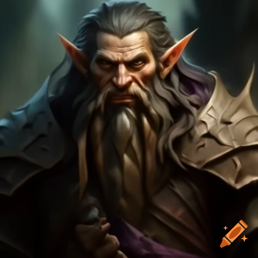 Rugged half-elf sorcerer in purple robes with intense appearance on Craiyon