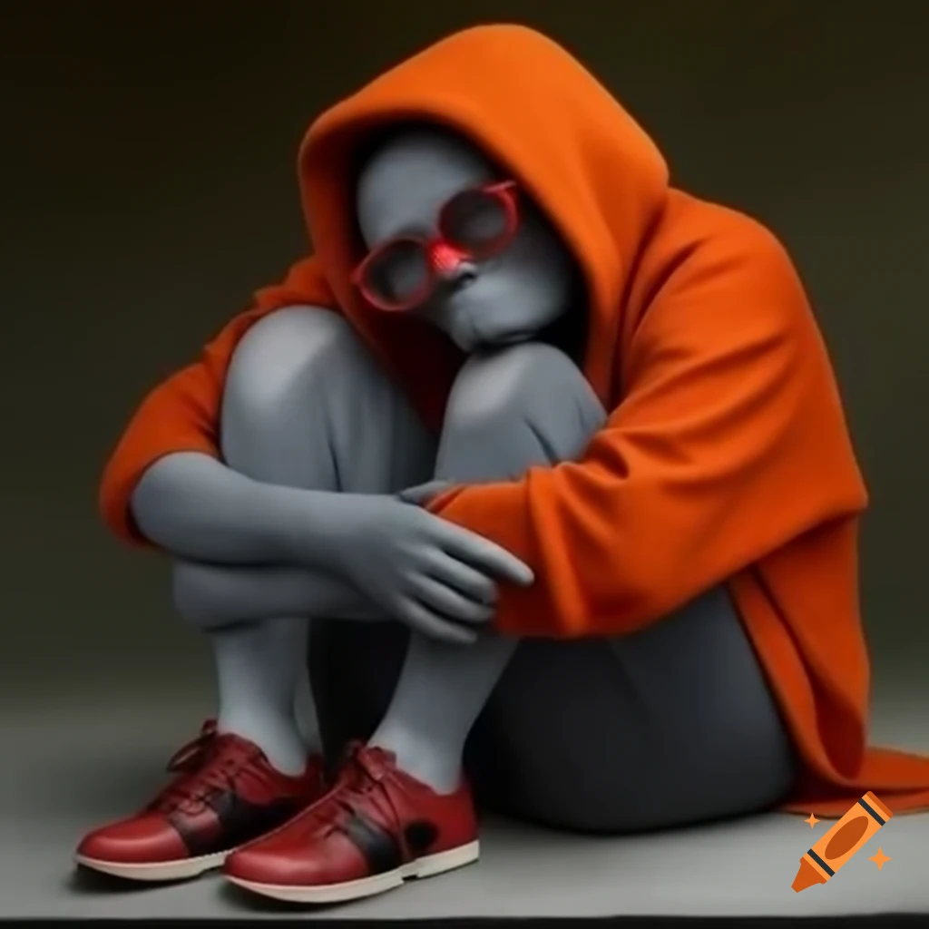 Human figure with grey skin wearing orange hoodie, dark grey pants, and ...