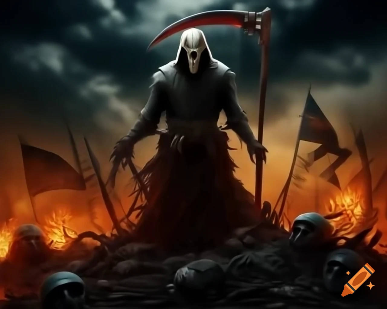 Skeletal Reaper on scorched battlefield with burning scythe on Craiyon