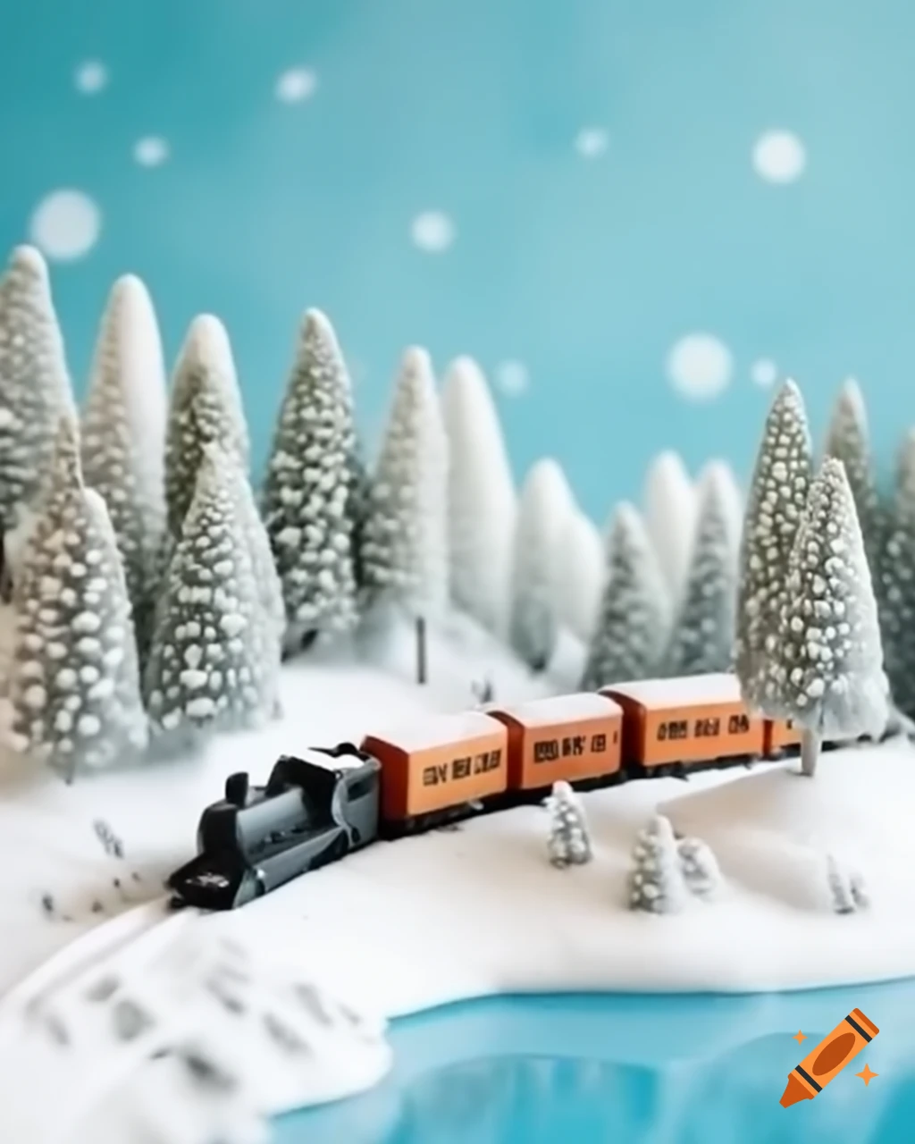 Detailed miniature train diorama with snow, pine trees, and lake on Craiyon