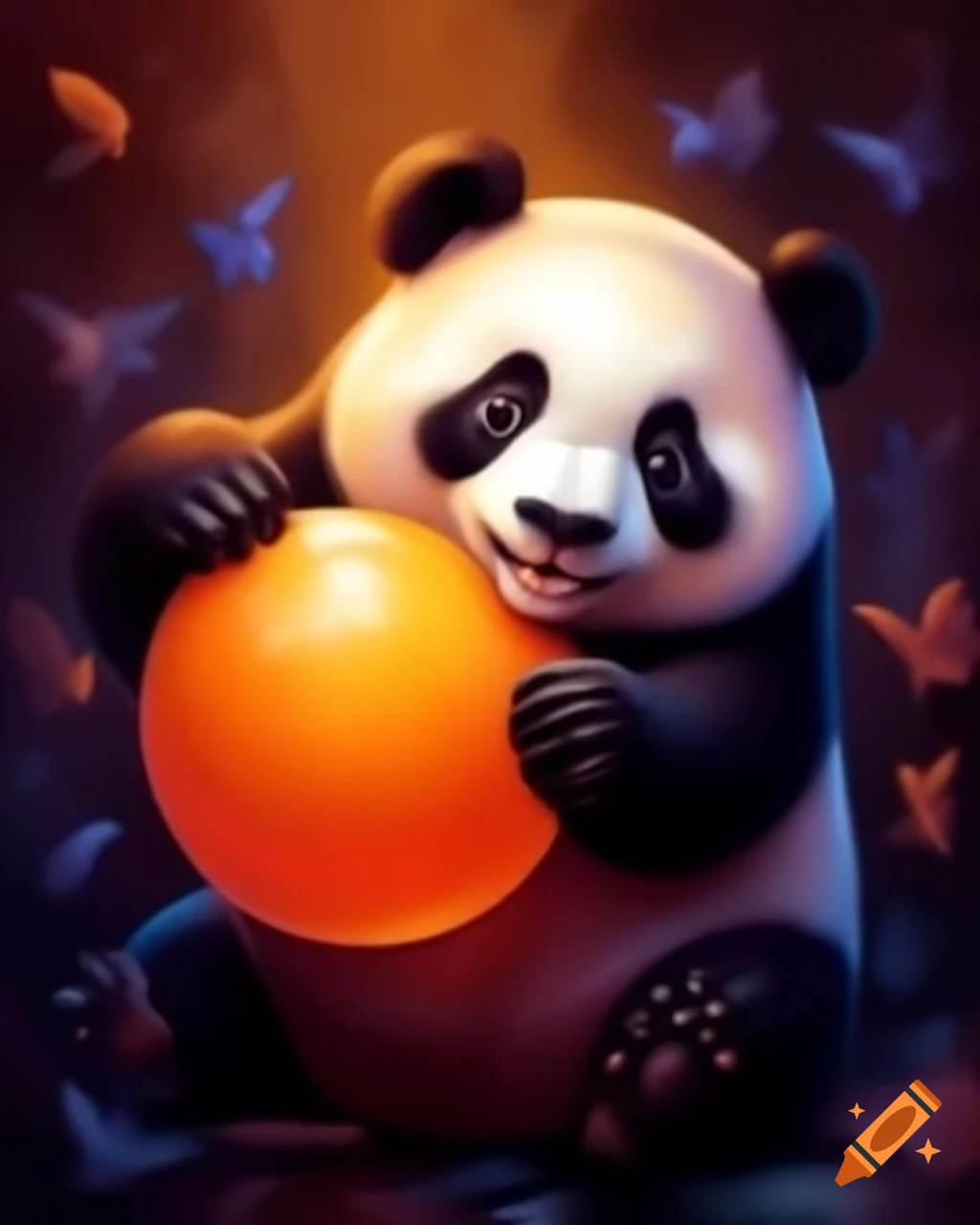 Vibrant illustration of happy panda in glowing orange balloon, dark ...