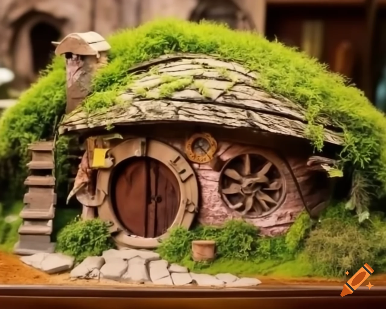 Miniature cardboard diorama of a man building a hobbit house on Craiyon