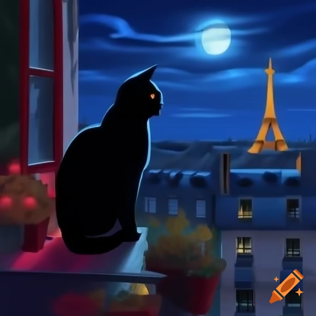 Mystical black cat prowling on moonlit Paris rooftops with Eiffel Tower ...