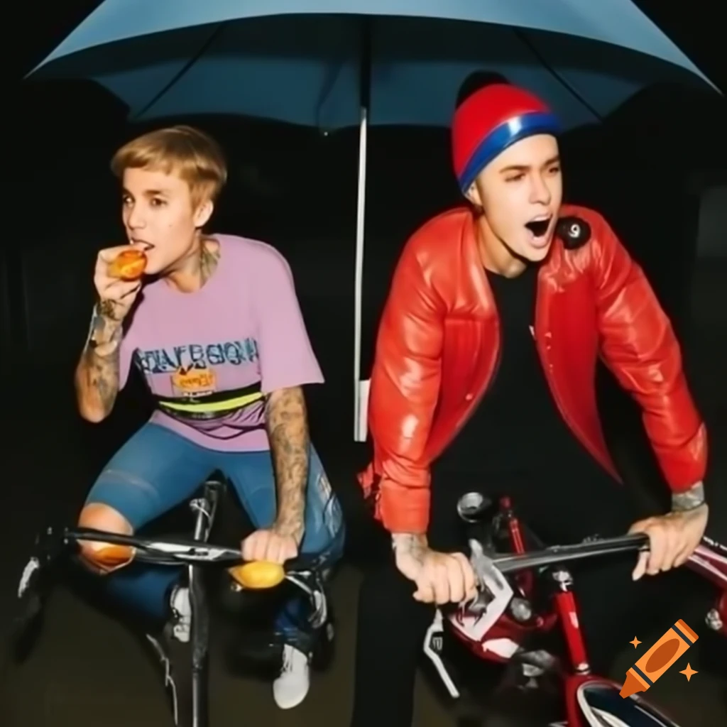Bruno Mars and Justin Bieber singing on a bicycle in the rain while ...