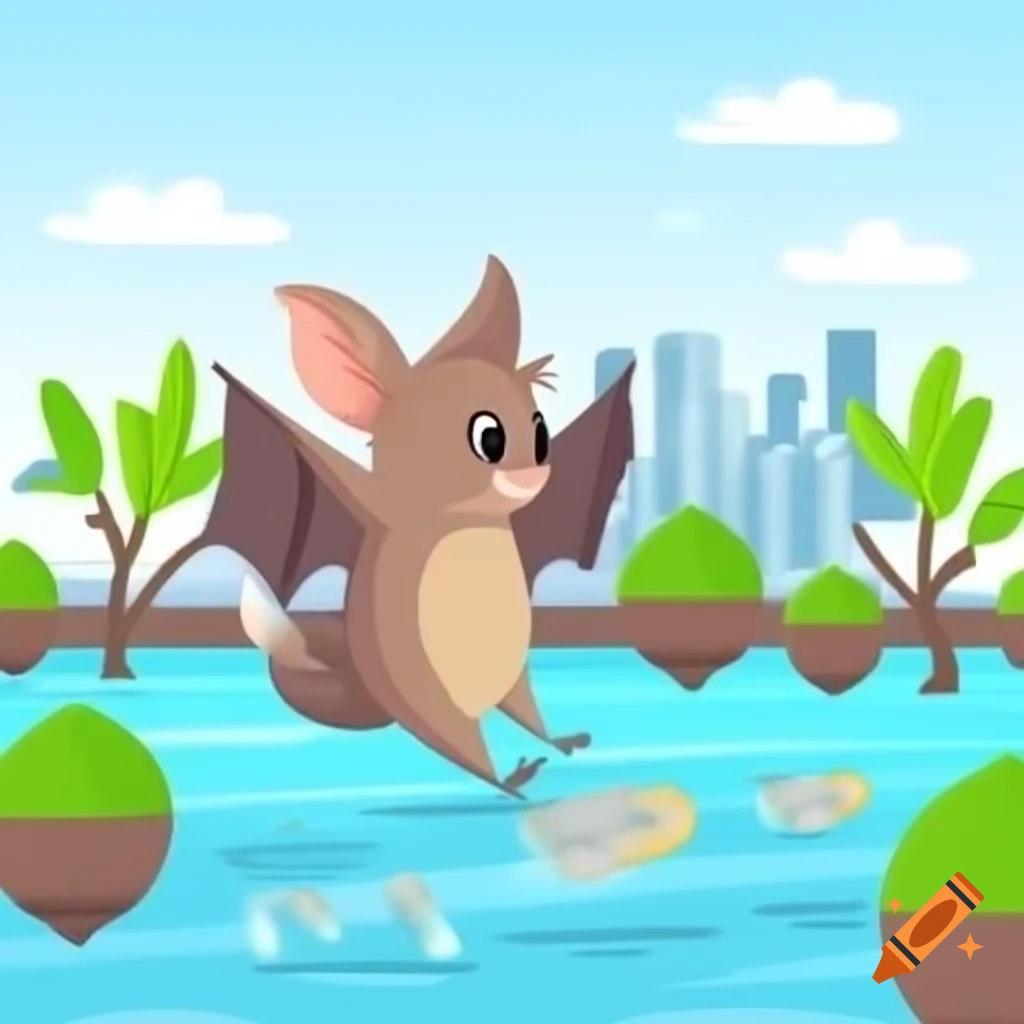 Cute bat catching fish near mangrove with city skyline on Craiyon