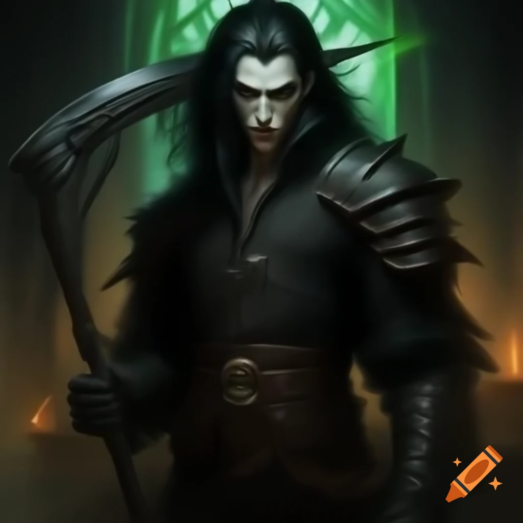 Gothic necromancer in black robes wielding a spectral scythe on Craiyon