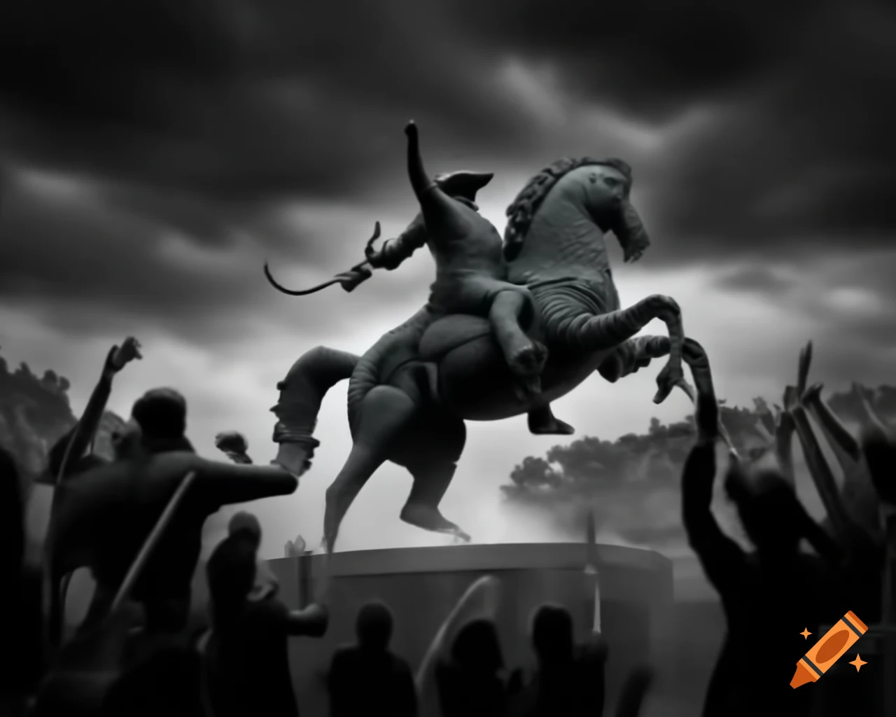 Dramatic black-and-white scene of a falling bronze statue surrounded by ...