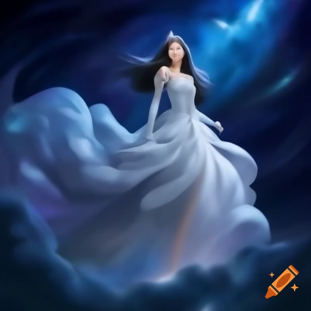 TWICE's Nayeon as celestial queen in silver gown on floating island in space on Craiyon