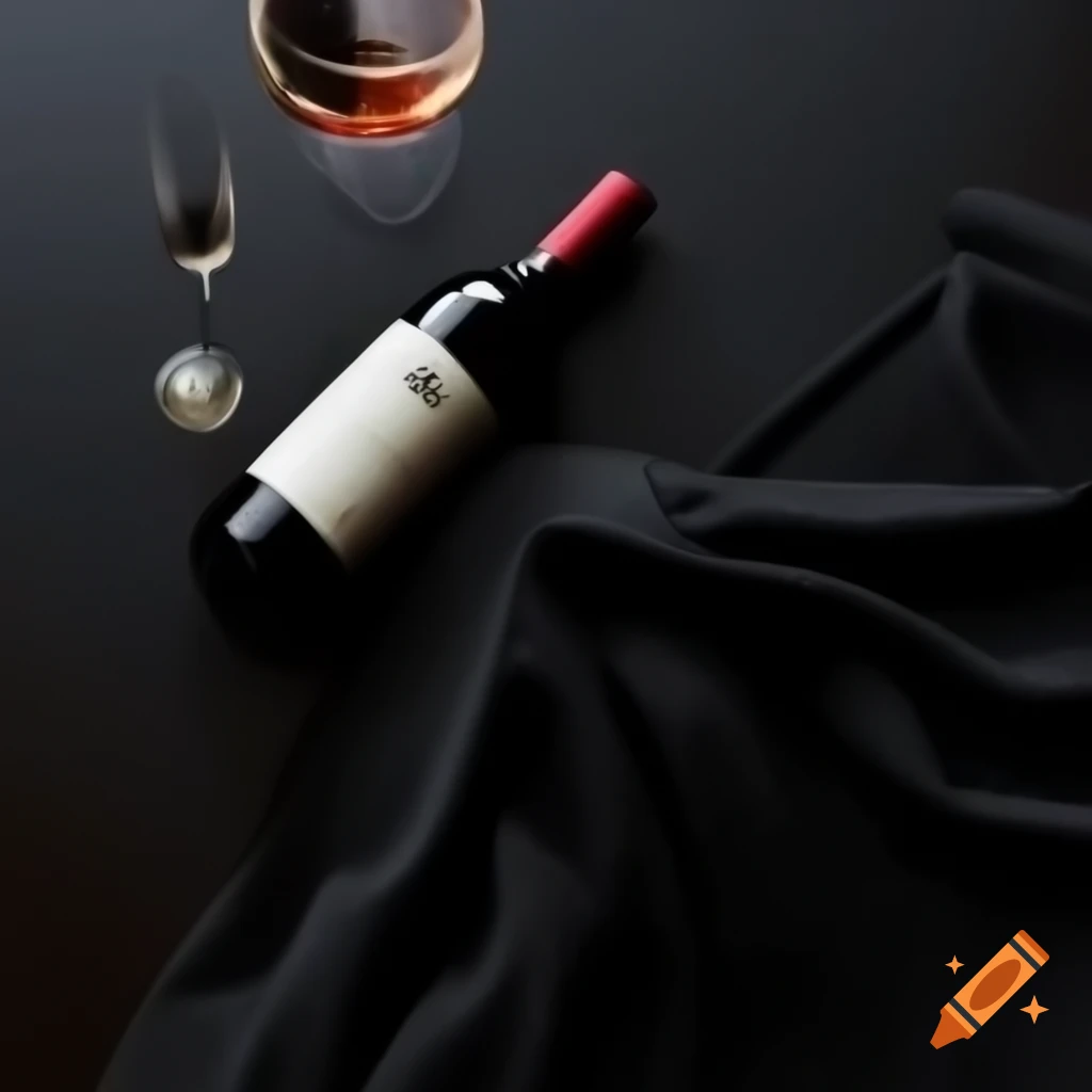 Overhead shot of table with black tablecloth, wine bottle and glass on ...