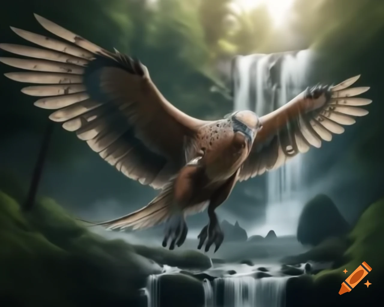 Giant four-winged bird creature flying over forest and waterfall in ...