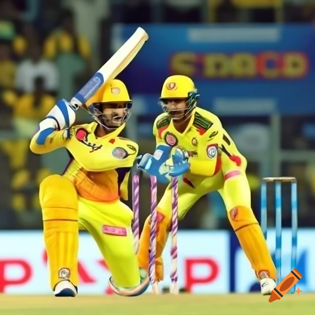 Wicket keeper MS Dhoni in CSK team colors with logo on Craiyon