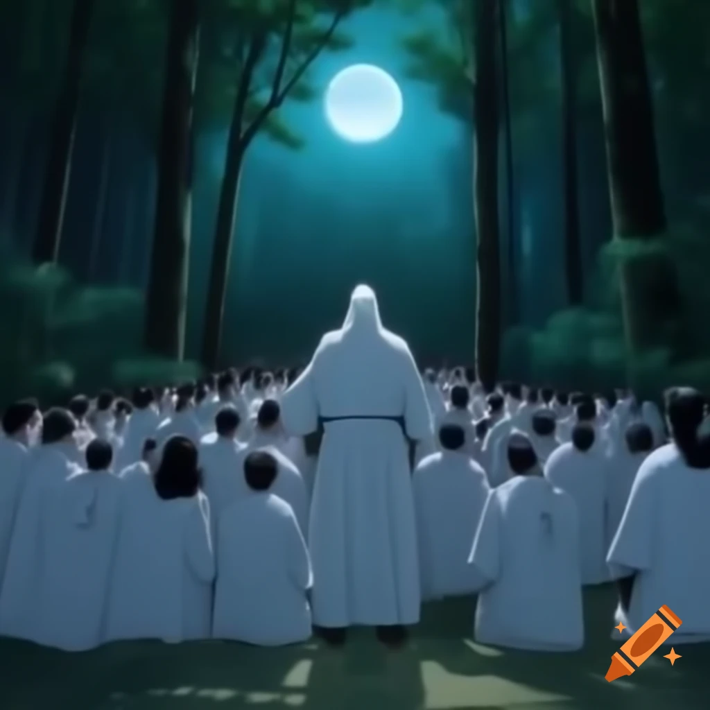 Manga style scene of cult in white robes gathered in forest under moon ...
