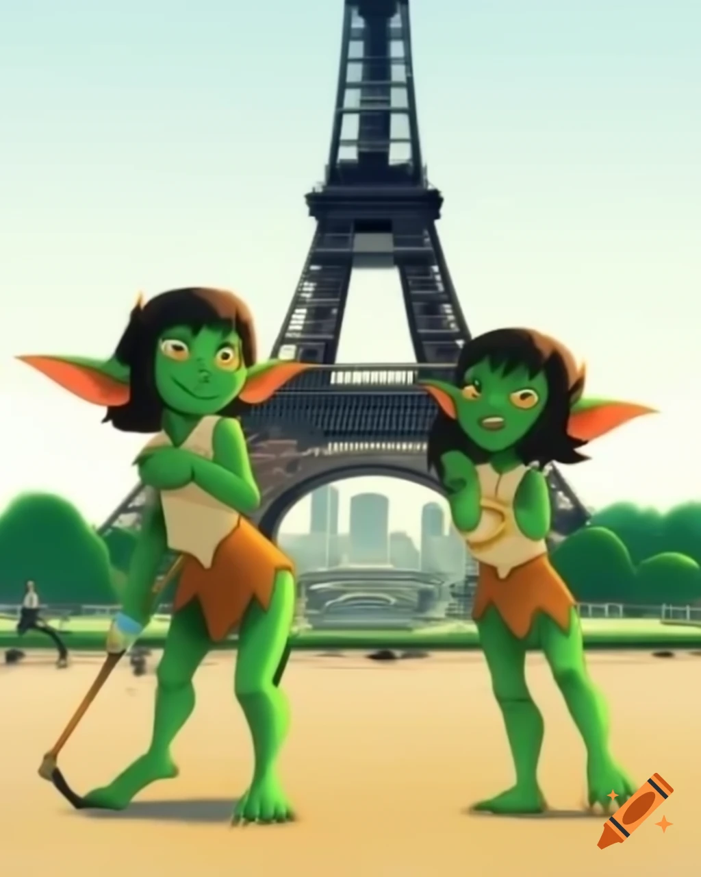 Two green-skinned goblin girls playfully posing in front of the Eiffel ...
