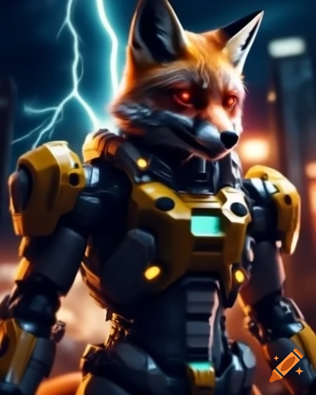 Fox in mech suit with lightning storm and city background on Craiyon