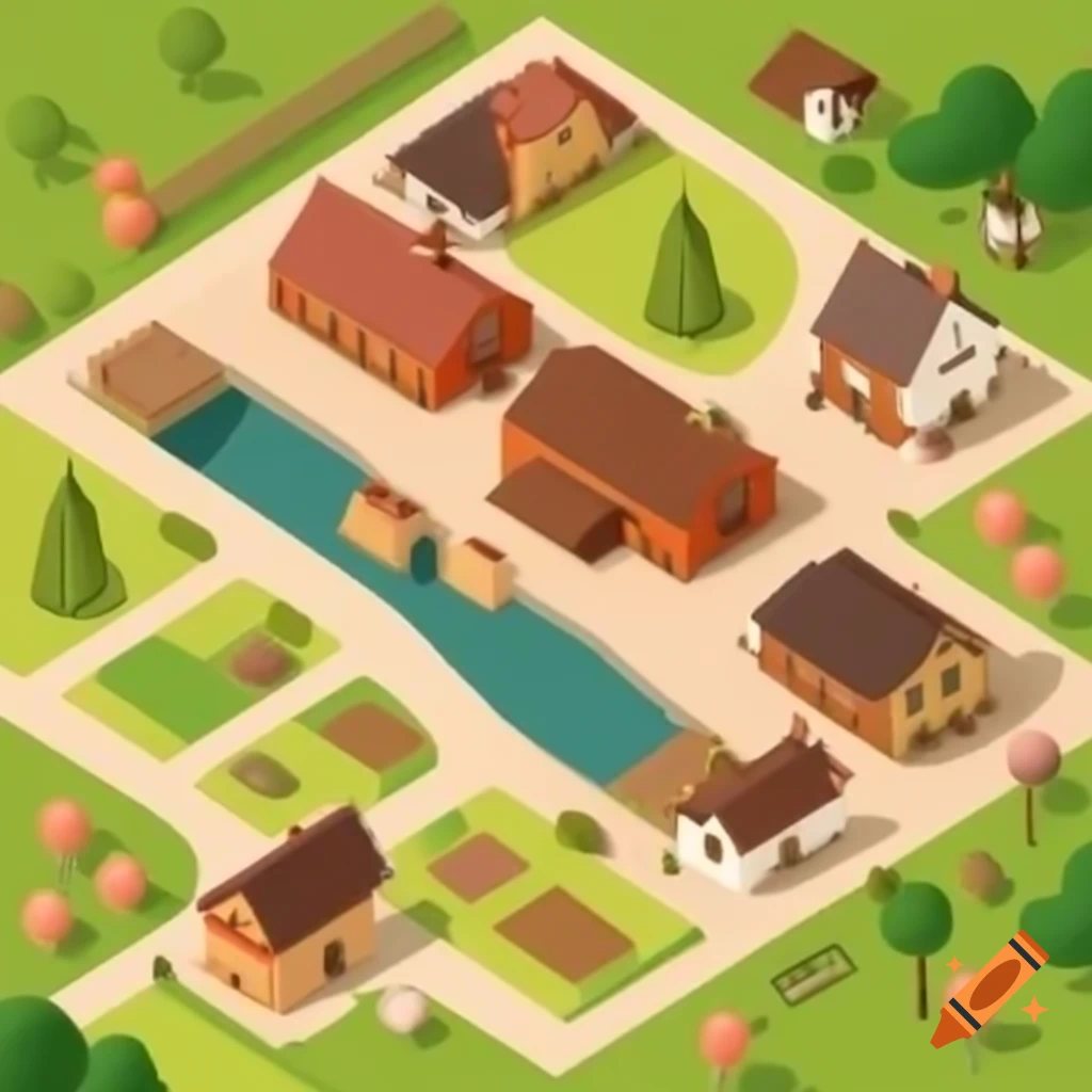 Medieval farm with cows in simple aerial view drawing on Craiyon