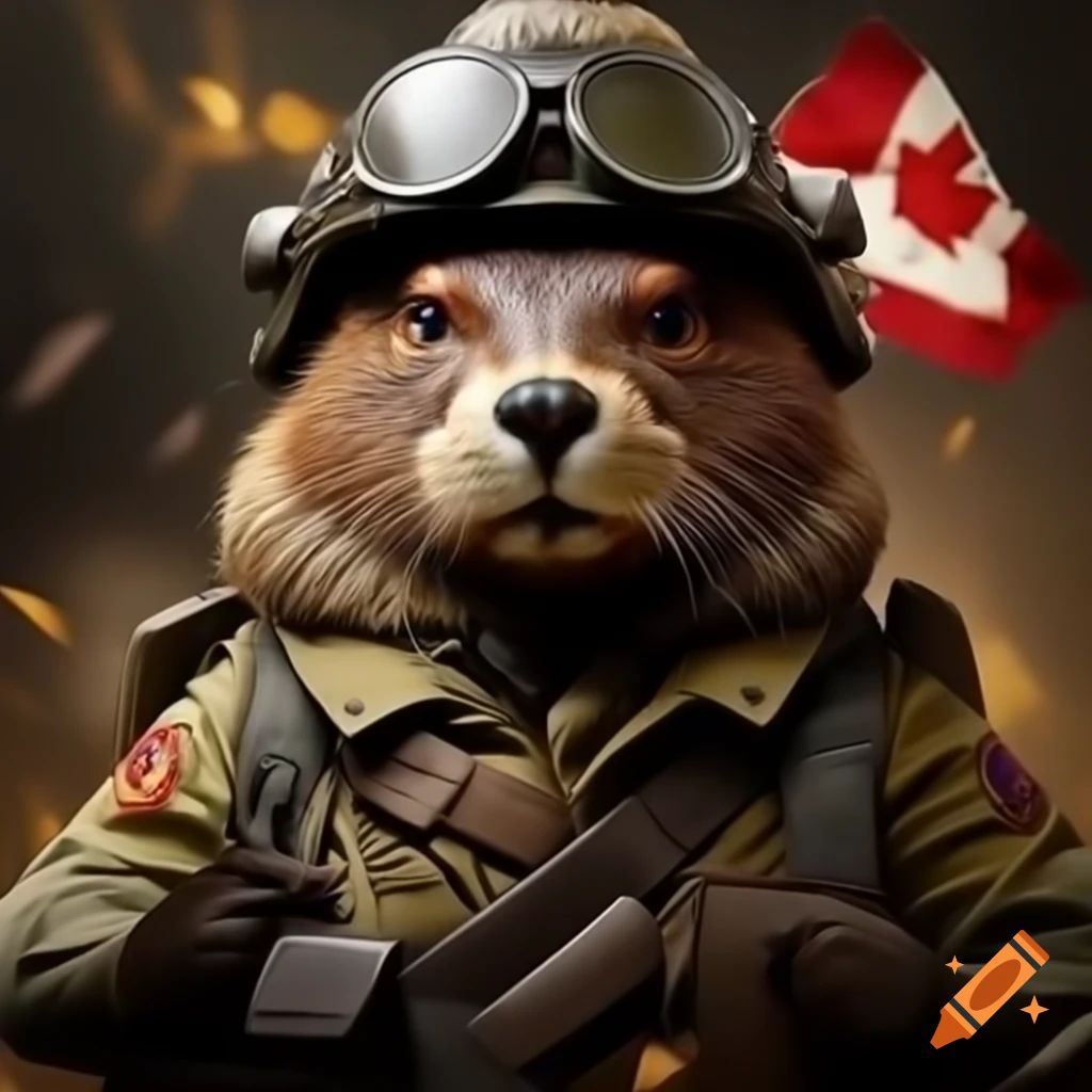 Cartoon beaver in military outfit with World War 1 helmet and Canadian ...