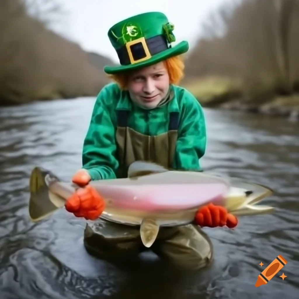 50-year-old Irishman in leprechaun hat with big trout from fly fishing ...