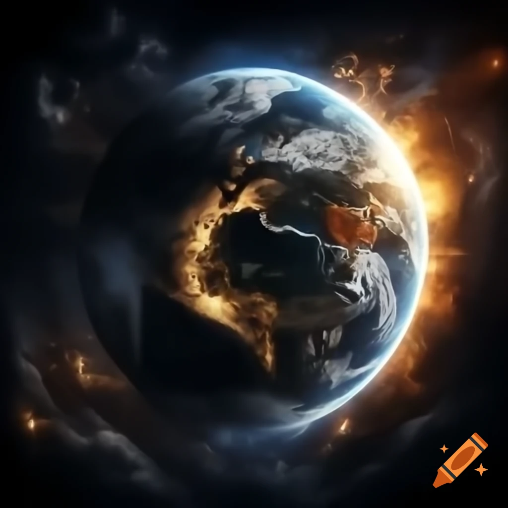 Dark chaotic world illuminating with radiant light during creation on ...